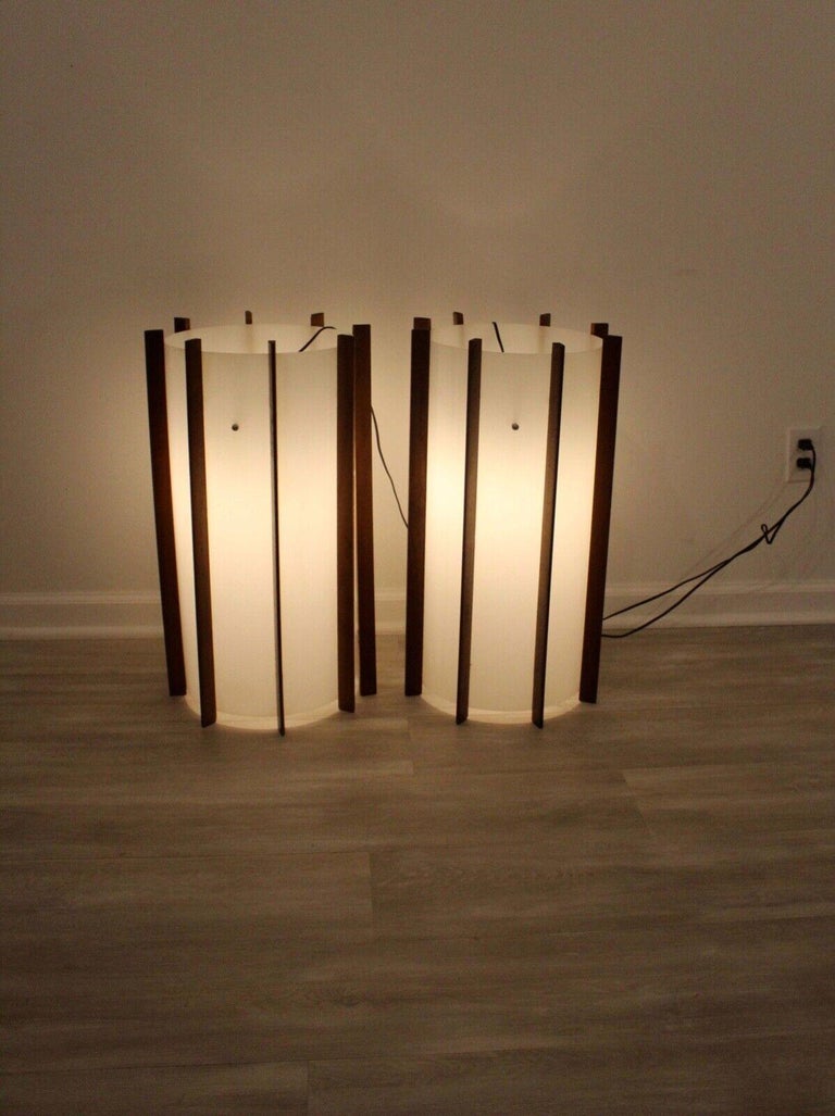 Pair of Modeline Style White Acrylic &Teak Wood Hanging or Table Lamps ...