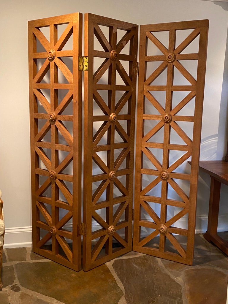 Pair of Modern Architectural Oak Three Panel Folding Screen / Dividers ...