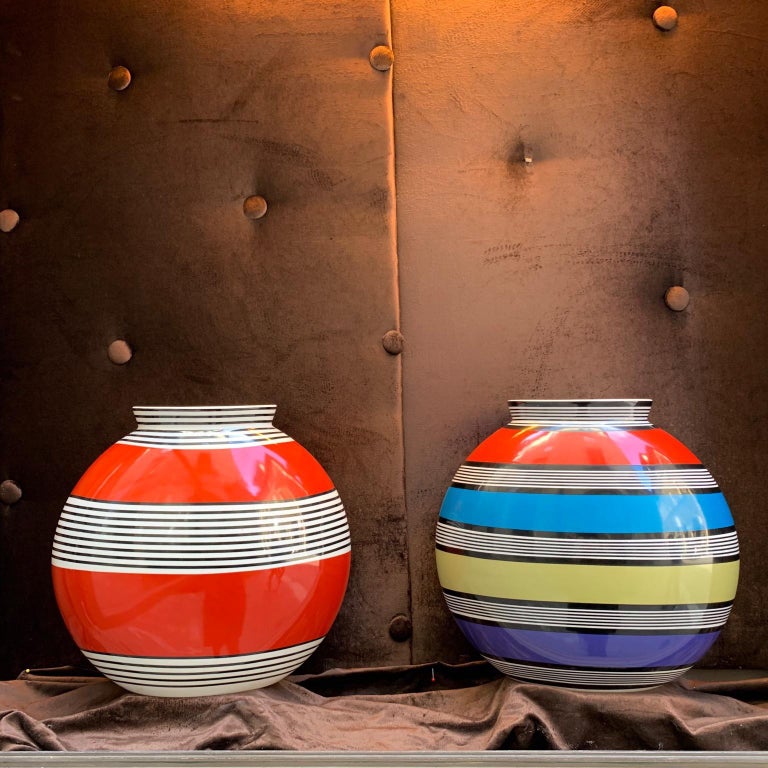 Pair of Modern Colored Striped Porcelain Vases by Missoni at 1stDibs