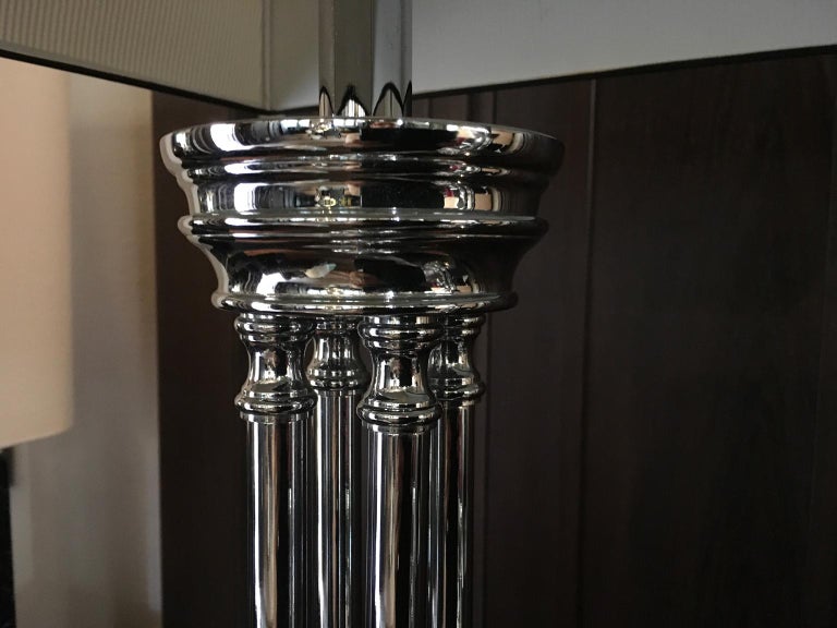 Pair Columned Table Lamps Chrome Finish with Silk Black White ...