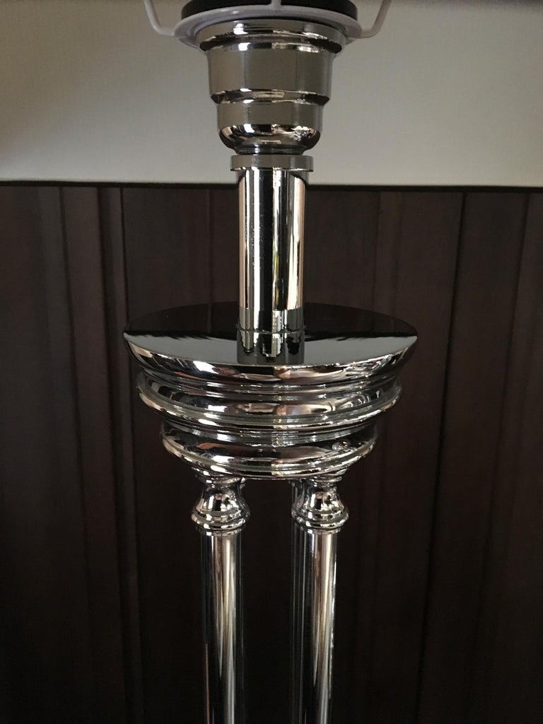 Pair Columned Table Lamps Chrome Finish with Silk Black White ...