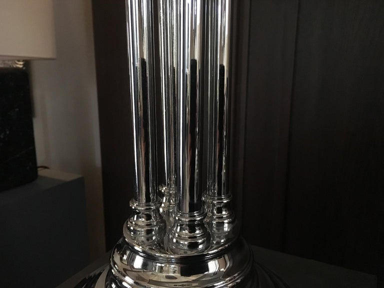 Pair Columned Table Lamps Chrome Finish with Silk Black White ...