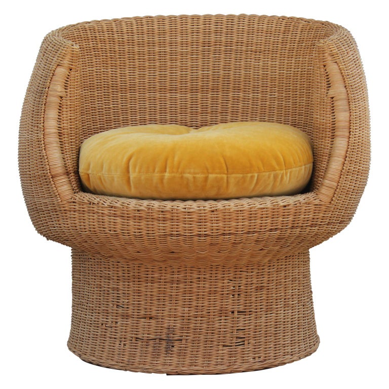 Pair of Modern Eero Aarnio Style Gold Velvet Rattan Lounge Chairs and ...