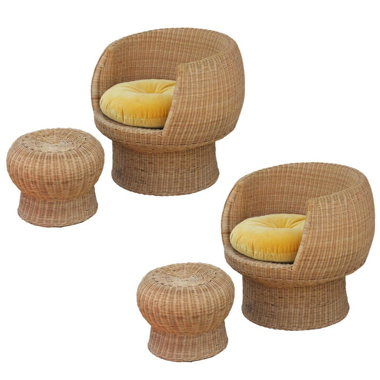 Pair of Modern Eero Aarnio Style Gold Velvet Rattan Lounge Chairs and ...