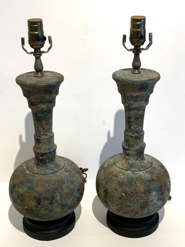 Pair of Modern French Acid Washed Bronze Lamps For Sale at 1stDibs