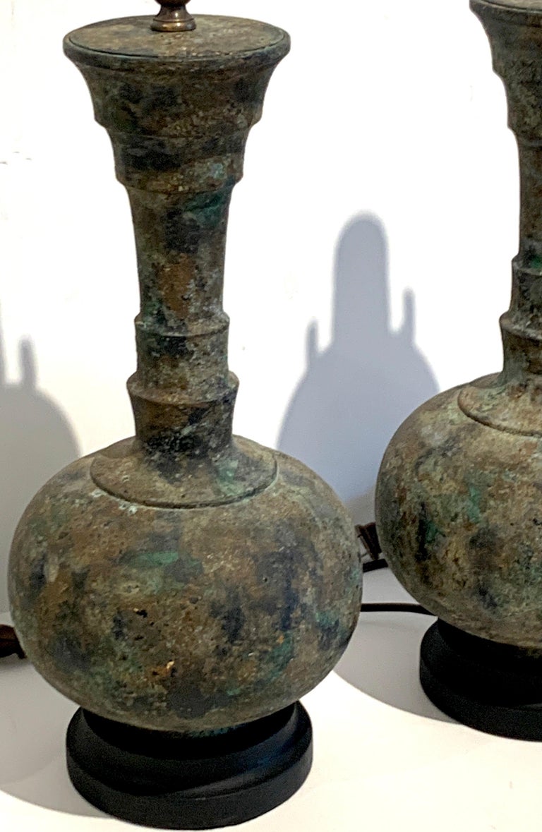 Pair of Modern French Acid Washed Bronze Lamps For Sale at 1stDibs