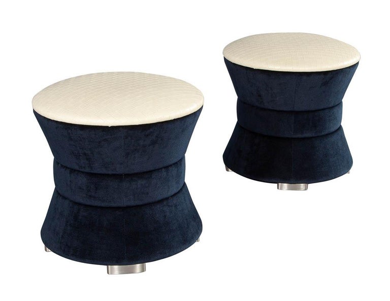 Pair of Modern Indigo Blue Upholstered Ottoman Stools For Sale at 1stDibs