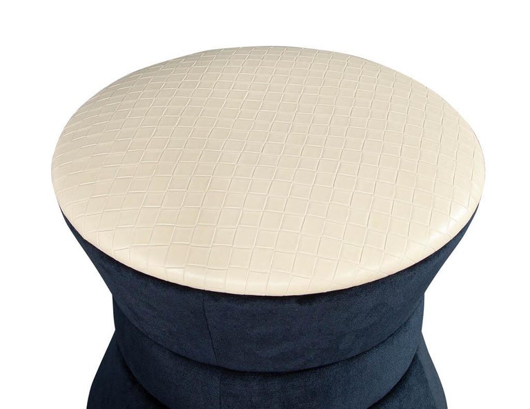 Pair of Modern Indigo Blue Upholstered Ottoman Stools For Sale at 1stDibs