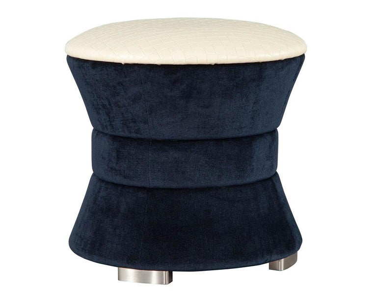 Pair of Modern Indigo Blue Upholstered Ottoman Stools For Sale at 1stDibs