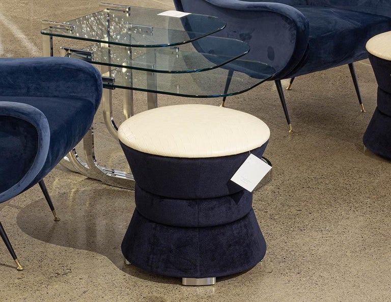 Pair of Modern Indigo Blue Upholstered Ottoman Stools For Sale at 1stDibs