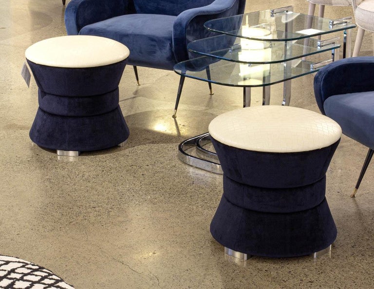 Pair of Modern Indigo Blue Upholstered Ottoman Stools For Sale at 1stDibs