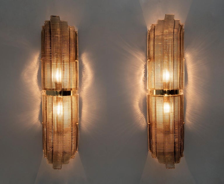 Pair of Modern Italian Brass and Murano Glass Textured Wall Sconces ...