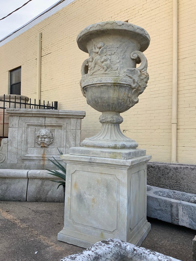 Pair of Modern Limestone Composite Urns with base at 1stDibs