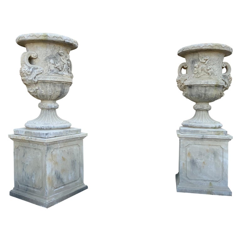Pair of Modern Limestone Composite Urns with base at 1stDibs