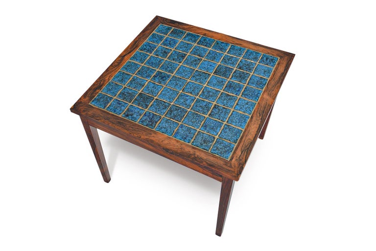 Pair of Modern Rosewood and Blue Tile Side Tables For Sale at 1stDibs