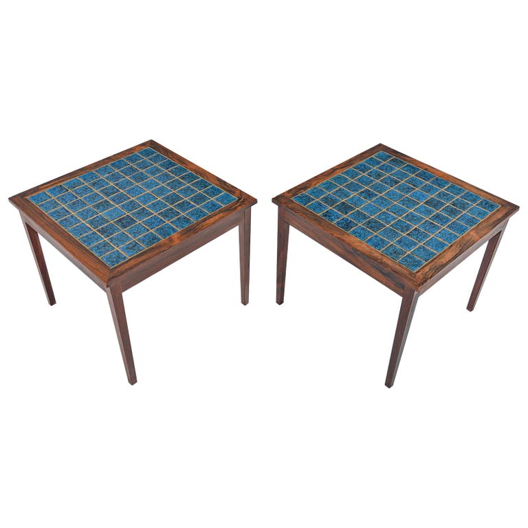 Pair of Modern Rosewood and Blue Tile Side Tables For Sale at 1stDibs