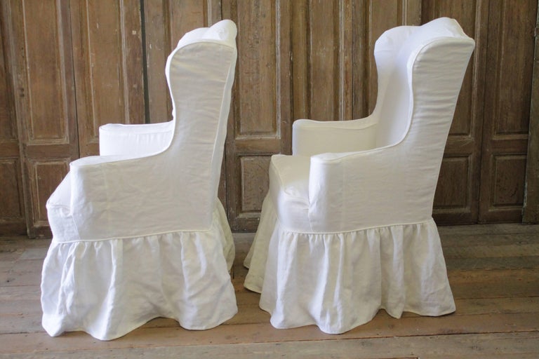 Pair of Modern White Linen Slip Covered Wingback Chairs with Ruffle ...