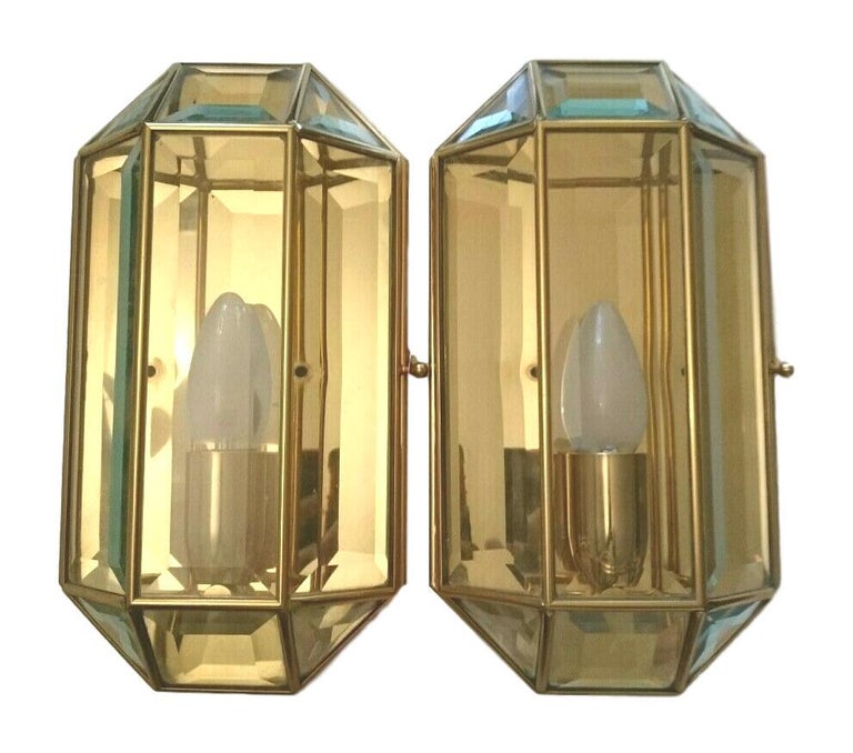 Pair of Modernist 1970s German Octagonal Brass and Glass Wall Lights at ...