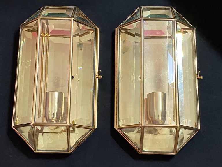 Pair of Modernist 1970s German Octagonal Brass and Glass Wall Lights at ...