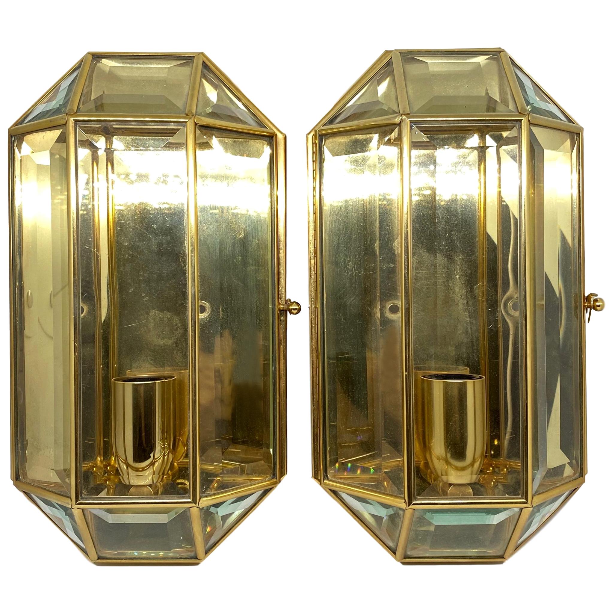 Pair of Modernist 1970s German Octagonal Brass and Glass Wall Lights at ...