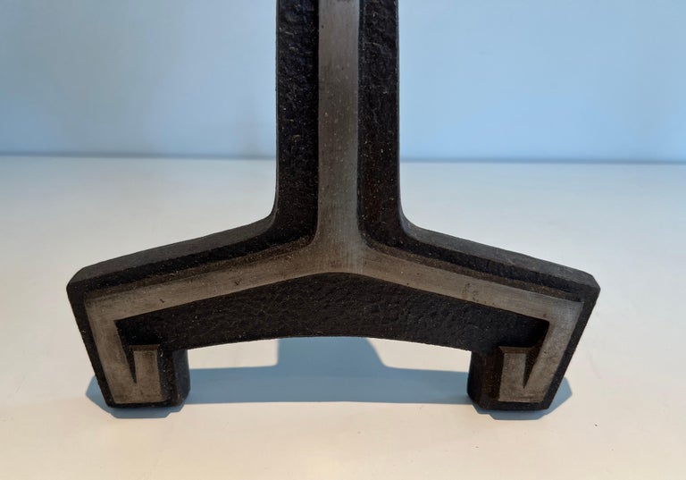 Pair of Modernist Cast Iron and Wrought Iron Andirons For Sale at 1stDibs