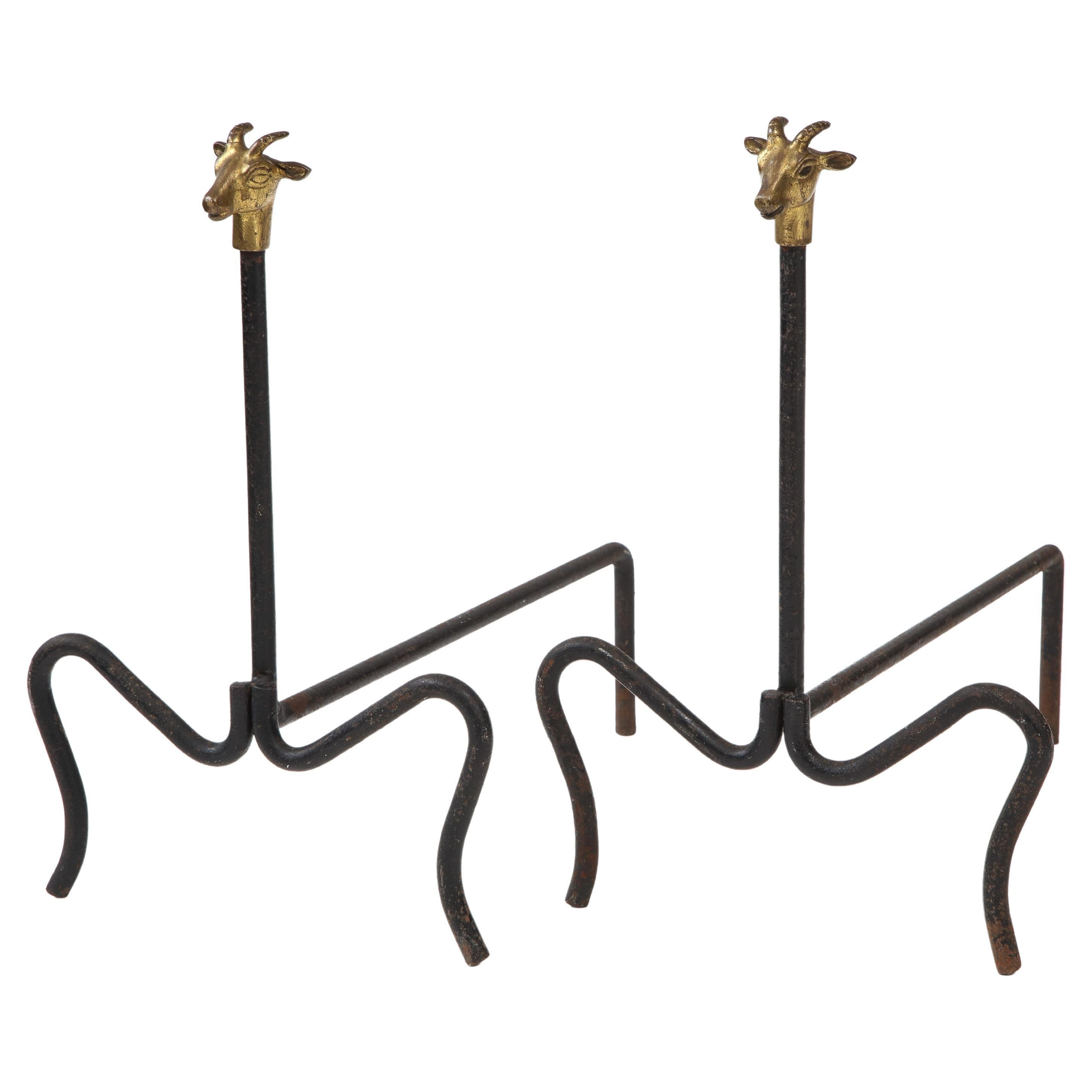 50" Pair of Hand-Forged Iron Andirons For Sale at 1stDibs