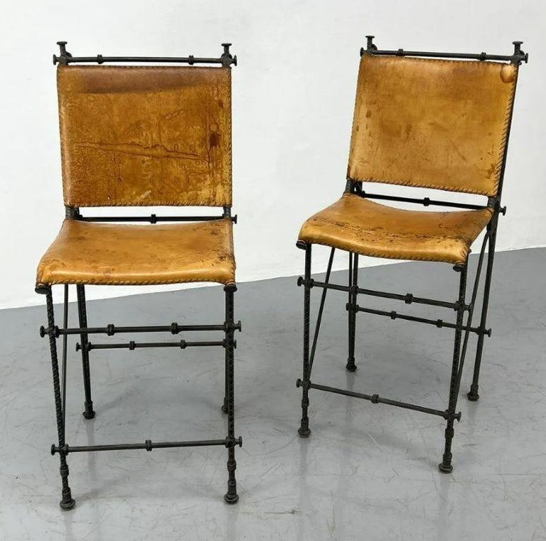 Pair of European Modernist Iron and Rebar Frame Stools in Distressed ...