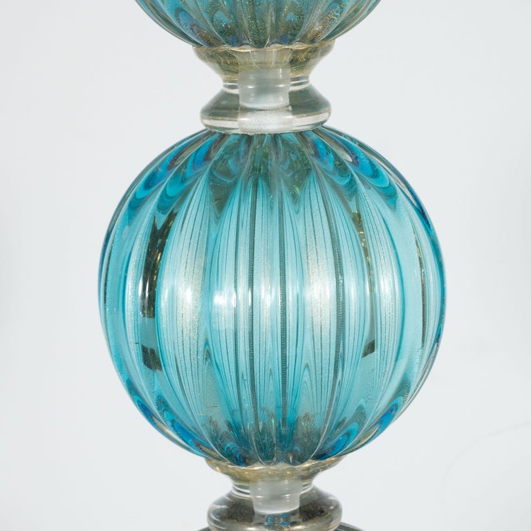 Pair of Modernist Ribbed and Banded Turquoise Table Lamps with 24kt ...