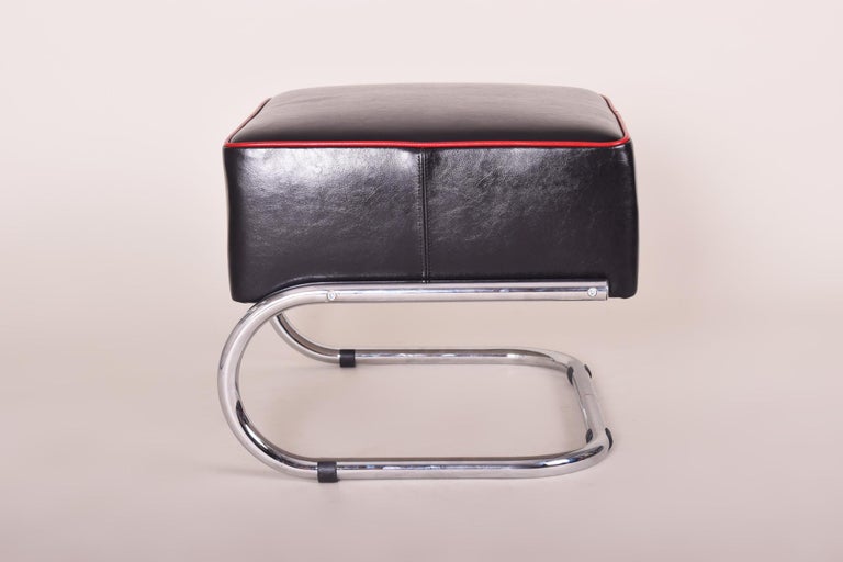 Pair of Modernist Tubular Steel Stools, Black and Red Leather, Chrome ...