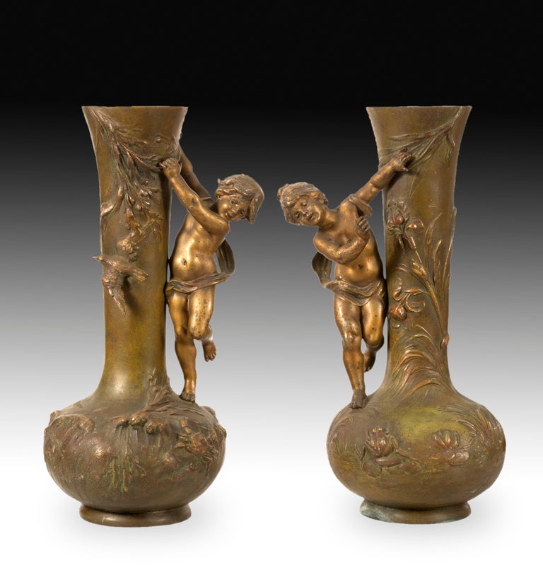 Pair of Modernist Vases, Calamine 'metal', Signed “L and F Moreau” at ...