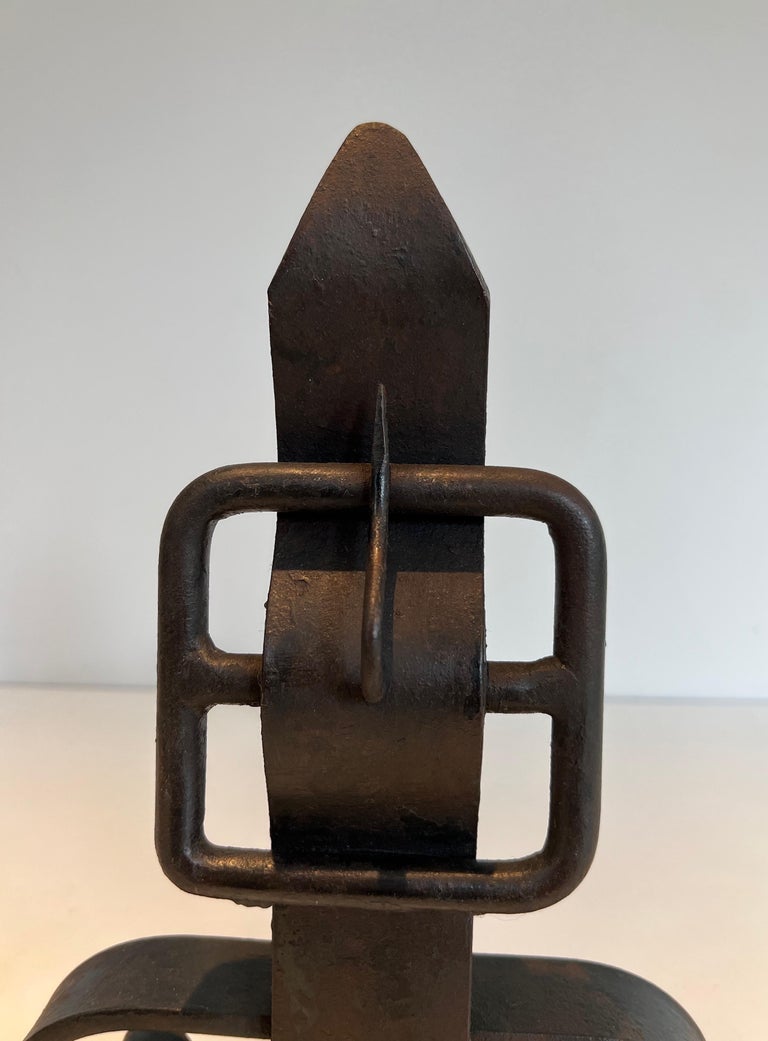 Pair of Modernist Wrought Iron Belt Andirons For Sale at 1stDibs