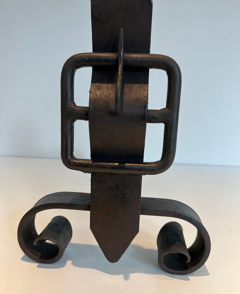 Pair of Modernist Wrought Iron Belt Andirons For Sale at 1stDibs