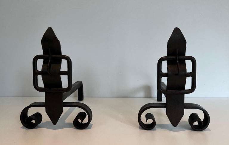 Pair of Modernist Wrought Iron Belt Andirons For Sale at 1stDibs