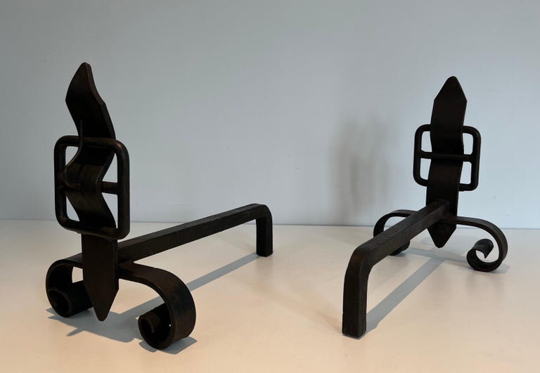 Pair of Modernist Wrought Iron Belt Andirons For Sale at 1stDibs