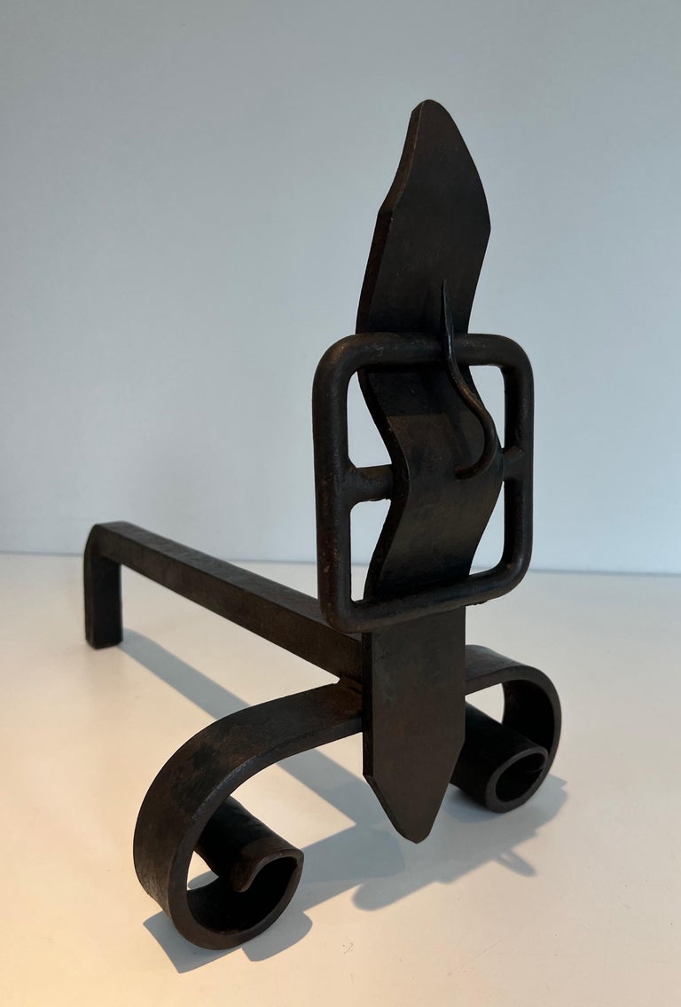 Pair of Modernist Wrought Iron Belt Andirons For Sale at 1stDibs