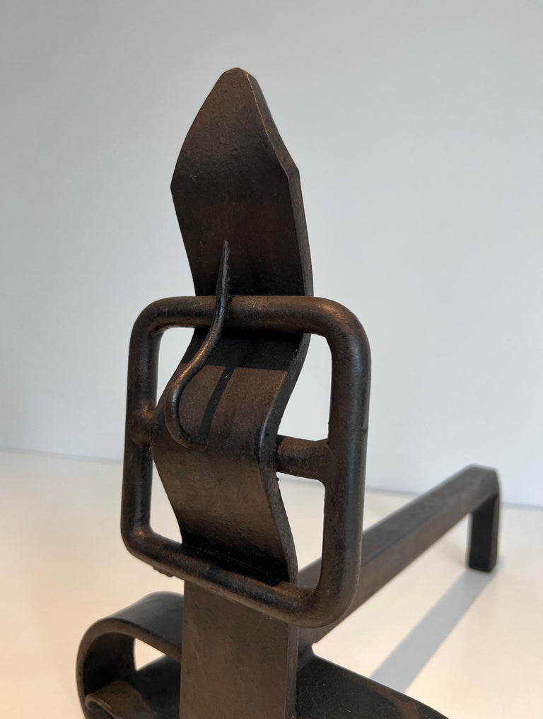 Pair of Modernist Wrought Iron Belt Andirons For Sale at 1stDibs