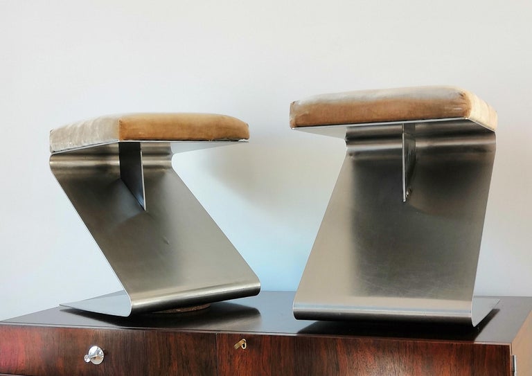Pair of Modernist Z Shaped Stools Attributed to M. Boyer, France 1970s ...