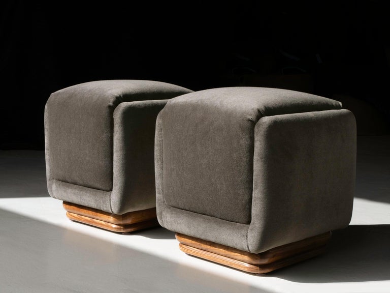 Pair of Mohair Upholstered Solid Oak Base Ottomans / Poufs, circa 1970s ...