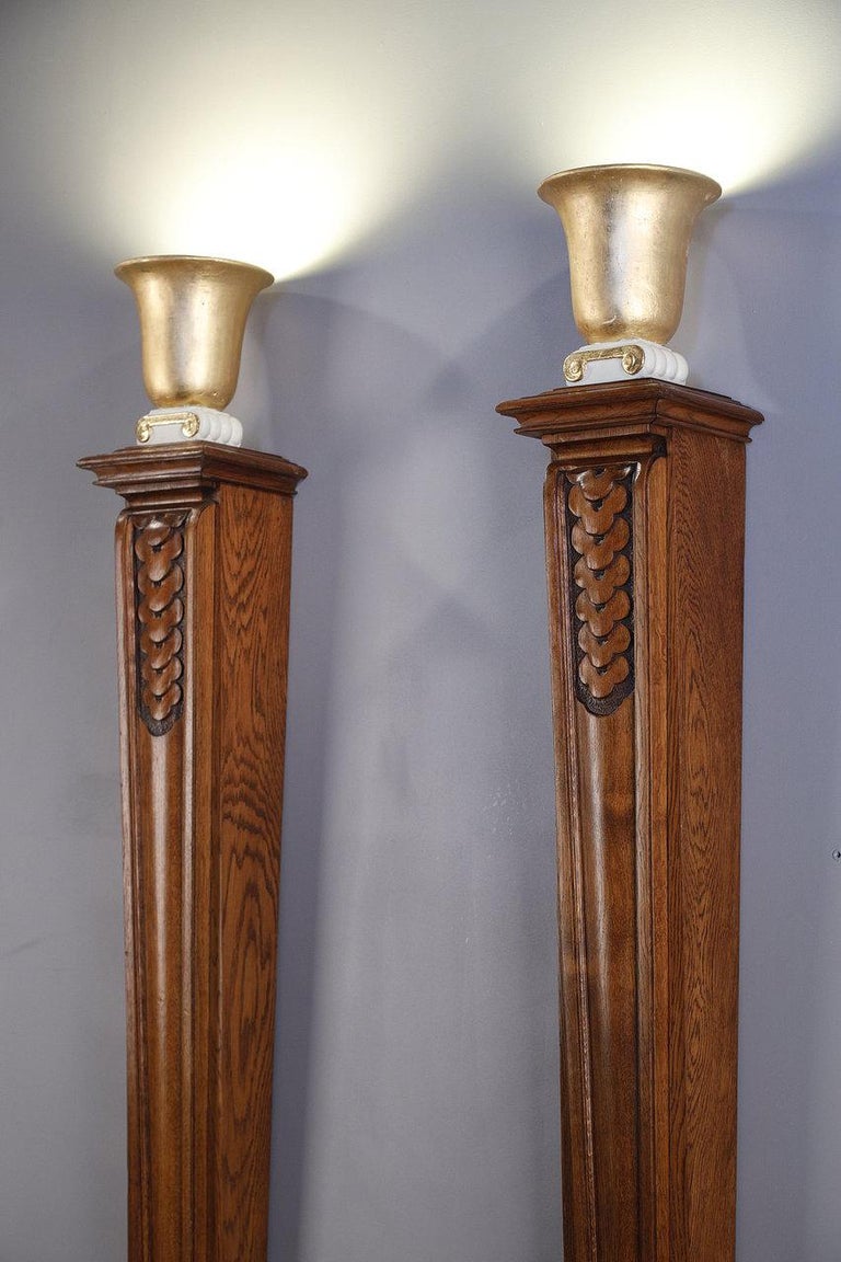 Pair of Molded Oak Columns with a Lamp in the Art Deco Style, 20th ...