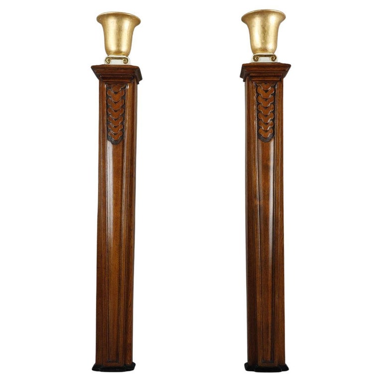 Pair of Molded Oak Columns with a Lamp in the Art Deco Style, 20th ...