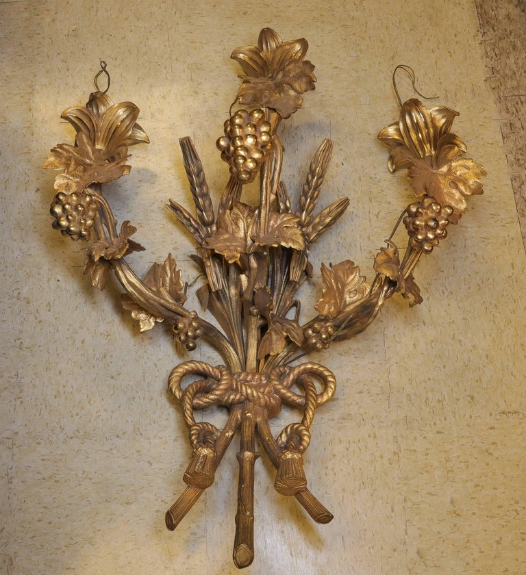 Pair of Monumental Bronze Grape Motif Wall Sconces at 1stDibs