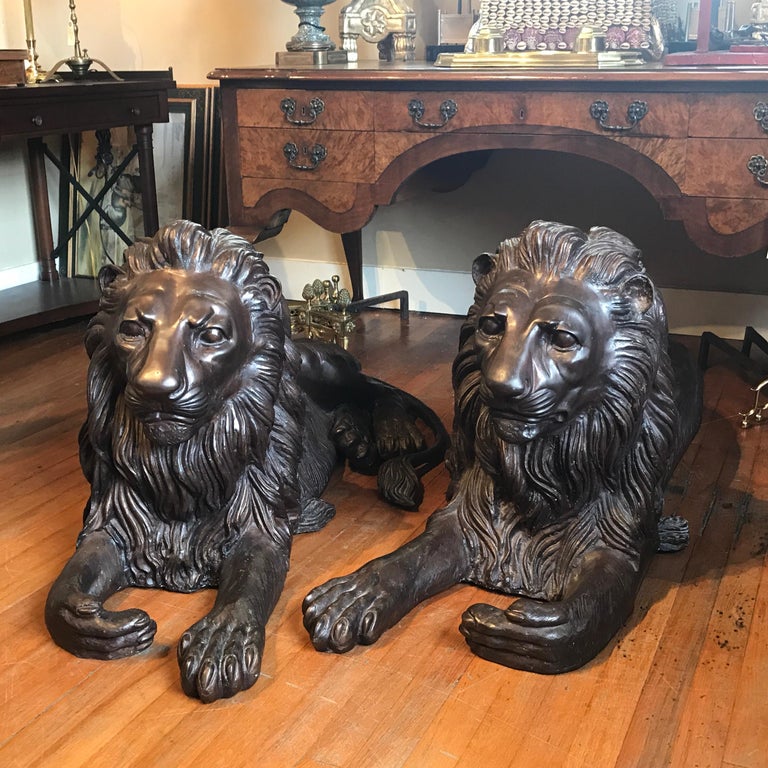 Pair of Monumental Bronze Recumbent Lions at 1stDibs | bronze lions