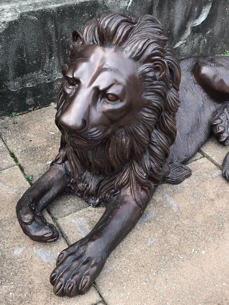 Pair of Monumental Bronze Recumbent Lions at 1stDibs | bronze lions