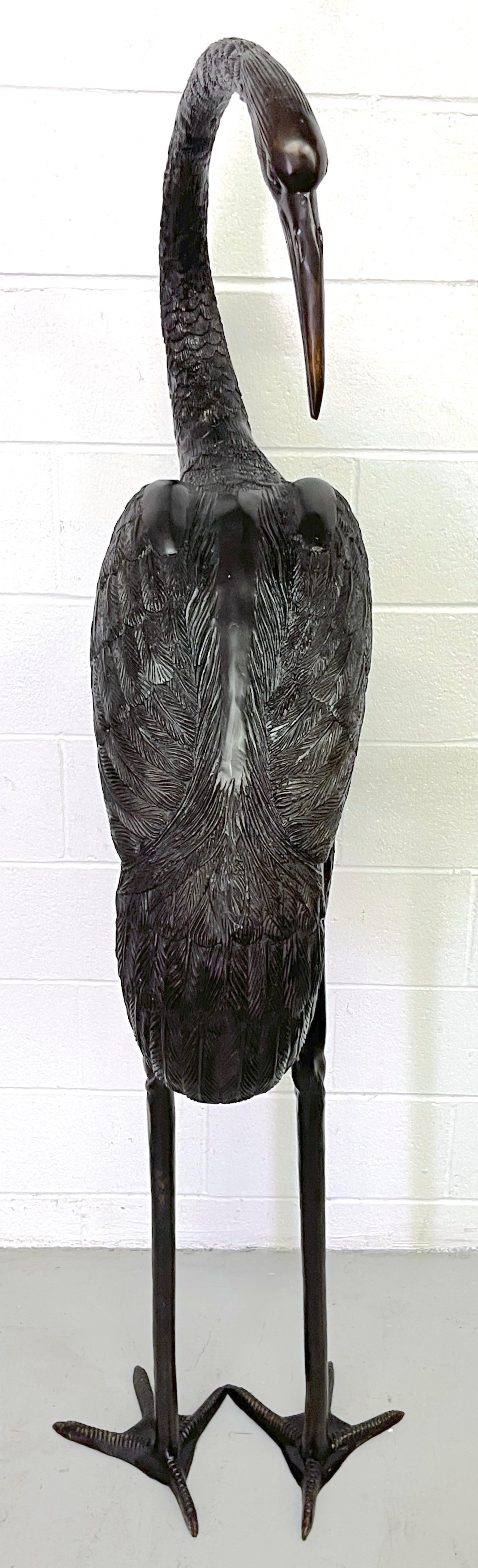 Pair of Monumental Cast and Patinated Bronze Figures of Standing Cranes ...