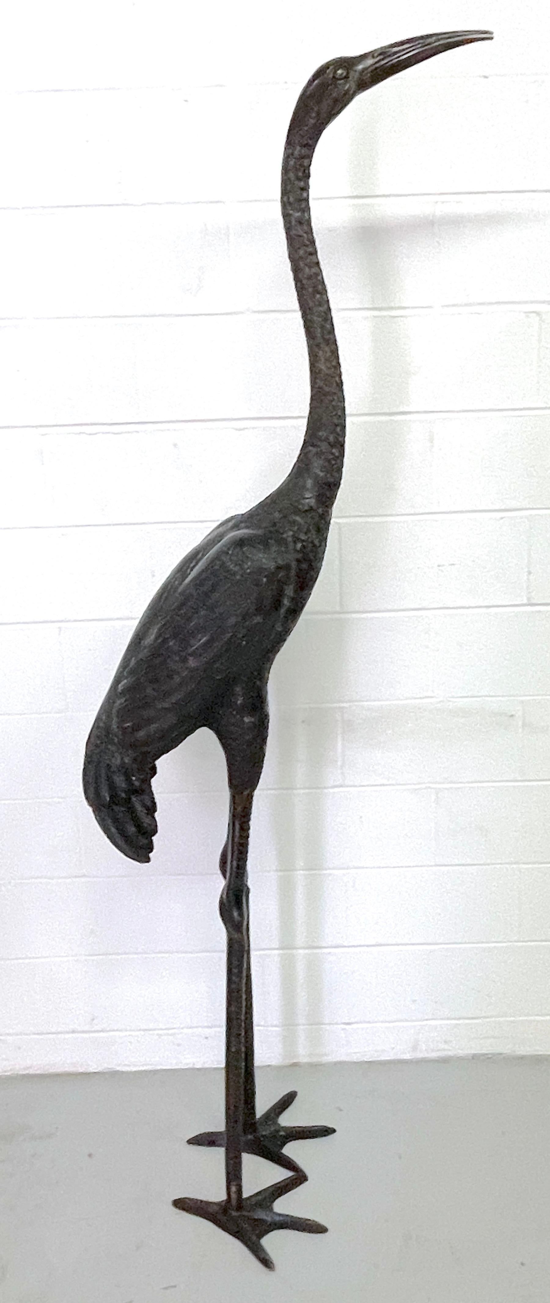 Pair of Monumental Cast and Patinated Bronze Figures of Standing Cranes ...