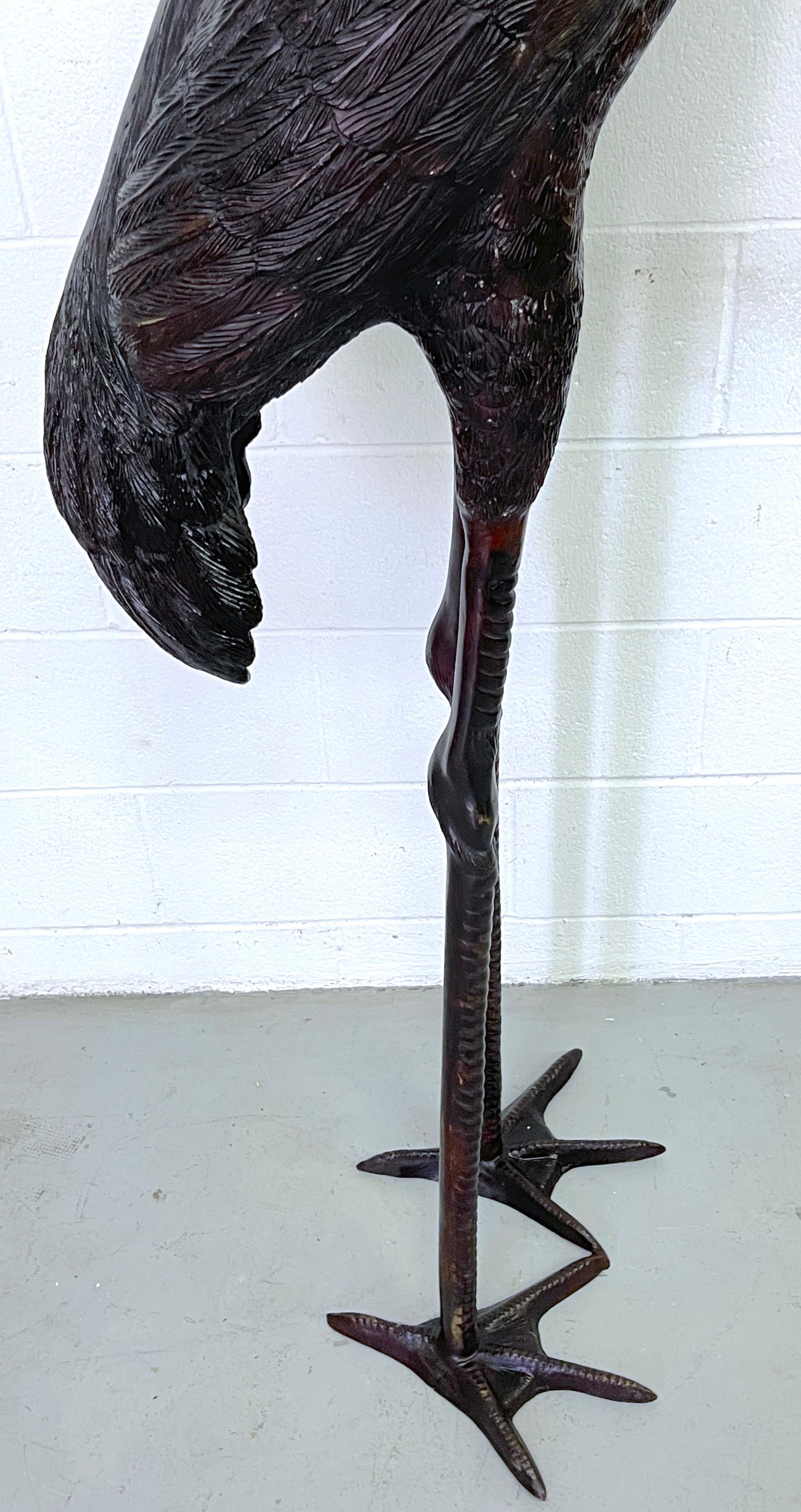 Pair of Monumental Cast and Patinated Bronze Figures of Standing Cranes ...