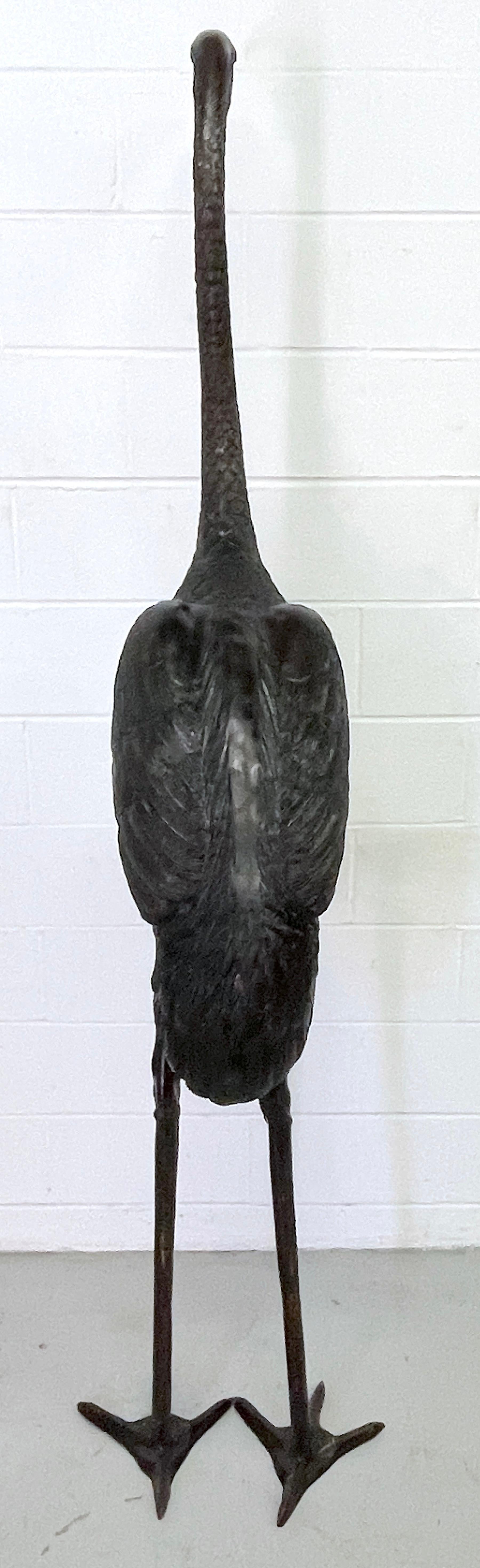Pair of Monumental Cast and Patinated Bronze Figures of Standing Cranes ...