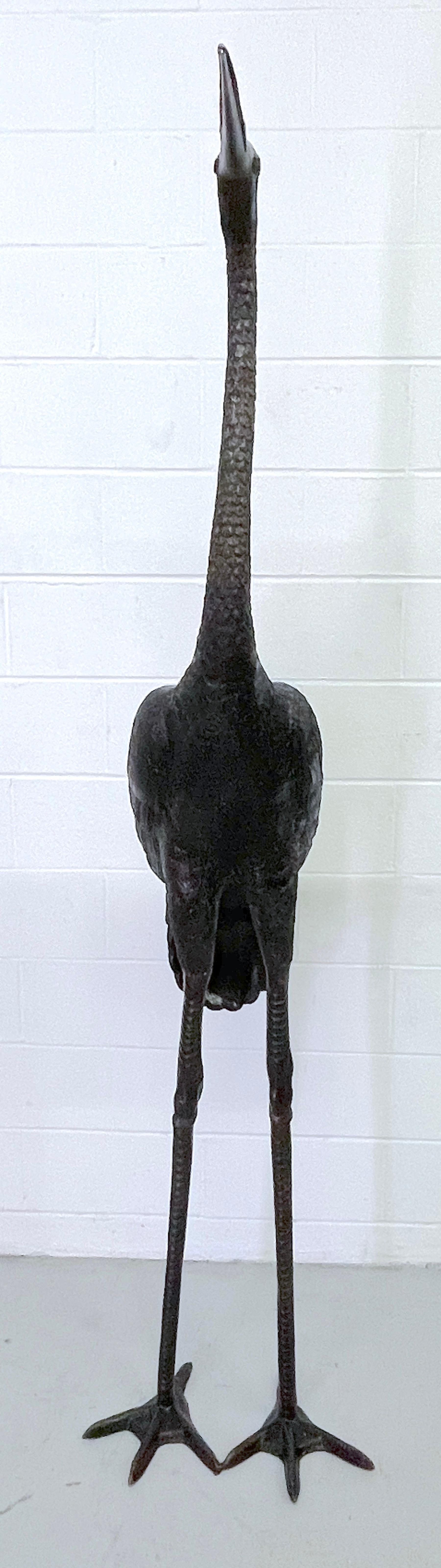 Pair of Monumental Cast and Patinated Bronze Figures of Standing Cranes ...