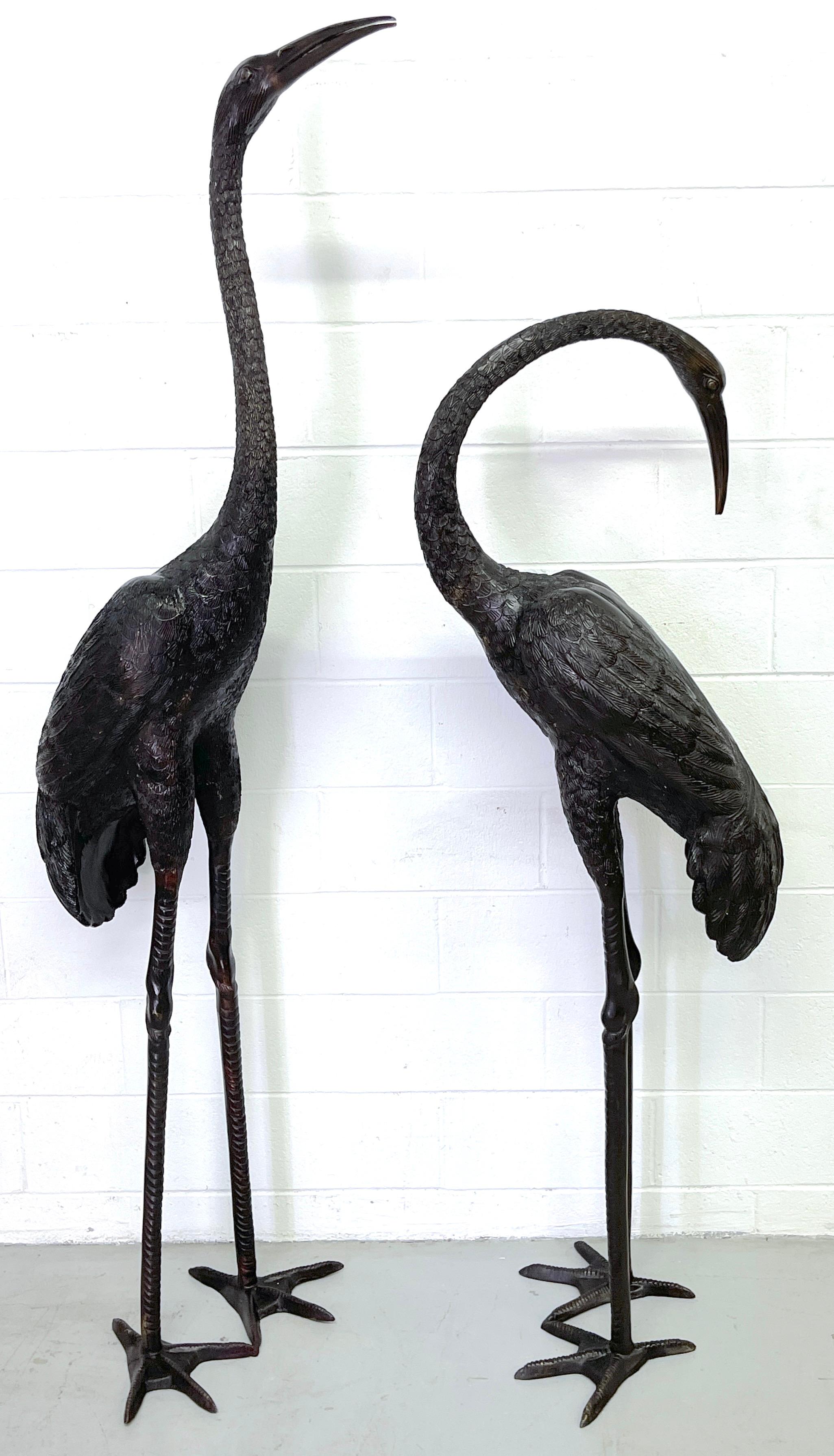 Pair of Monumental Cast and Patinated Bronze Figures of Standing Cranes ...