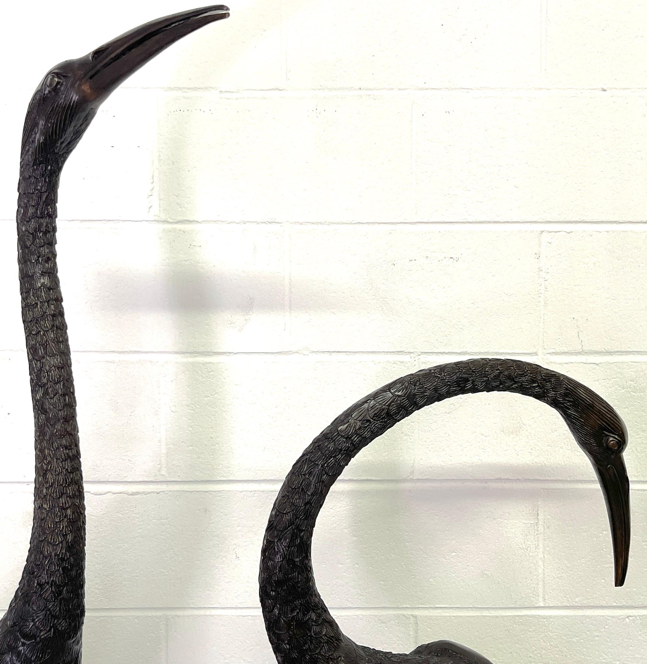 Pair of Monumental Cast and Patinated Bronze Figures of Standing Cranes ...